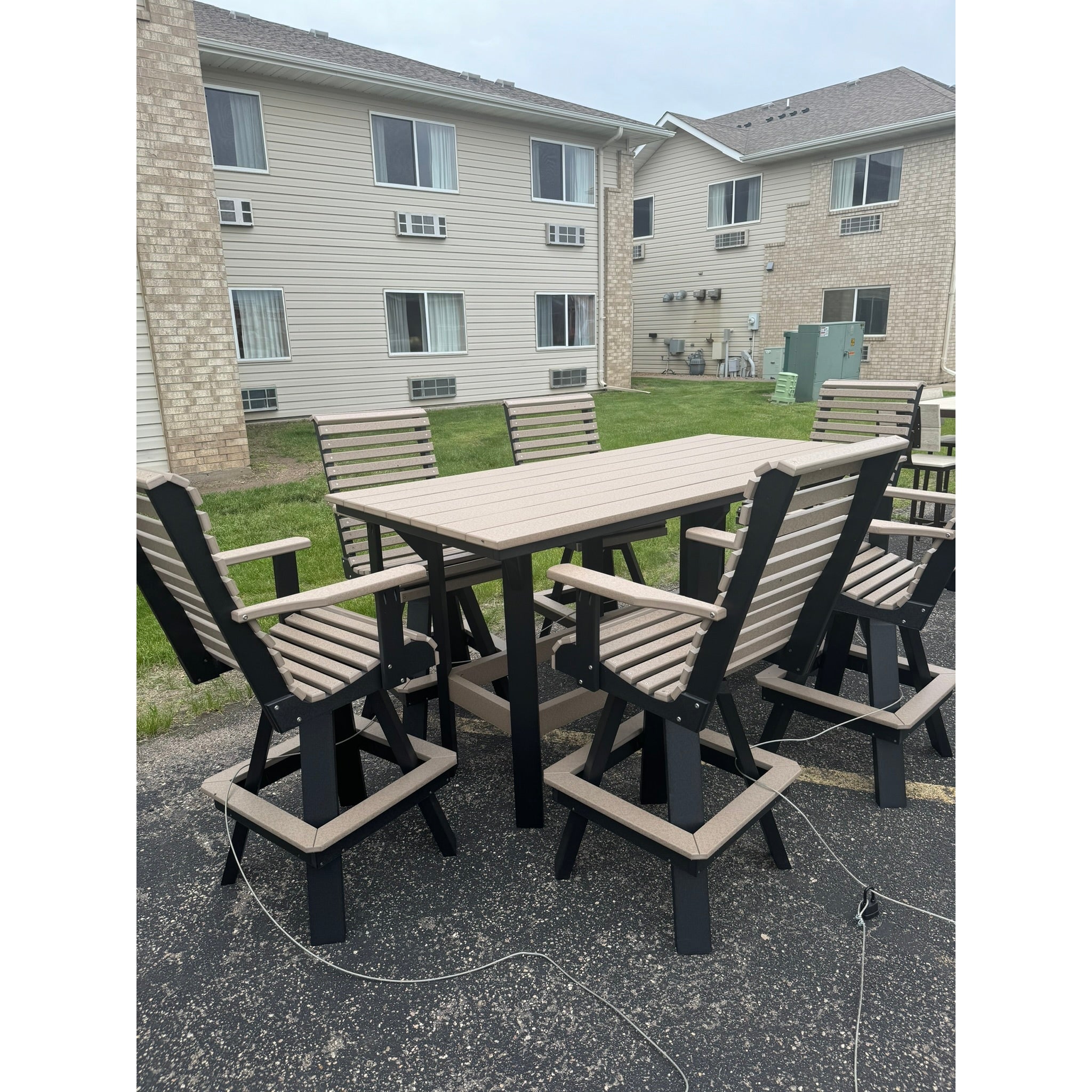 Creekside 7' Bar Table with 6 Rollback Swivel Chairs in Black & Weathe ...